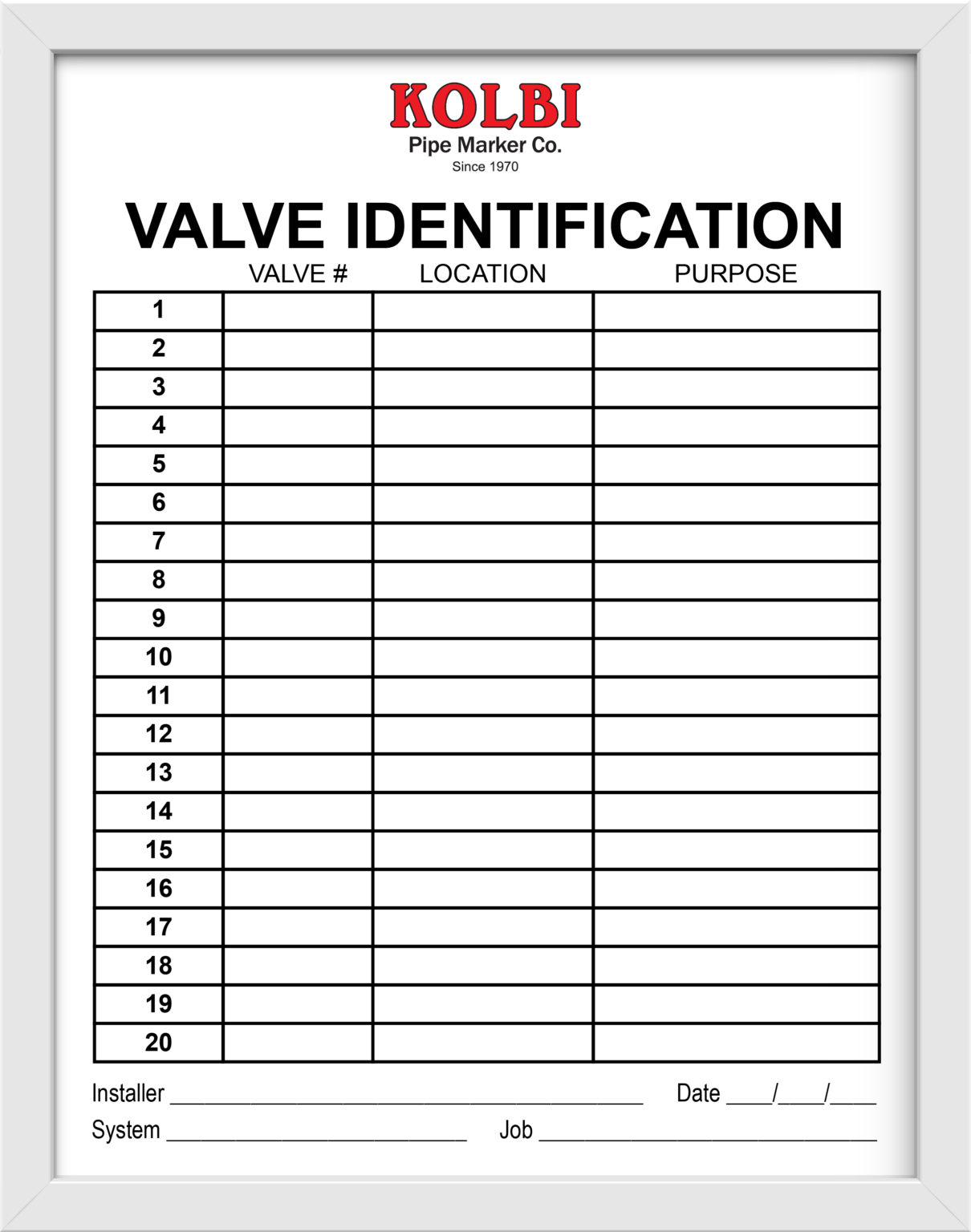 Valve Tag Chart Frames – Kolbi Pipe Marker Co.